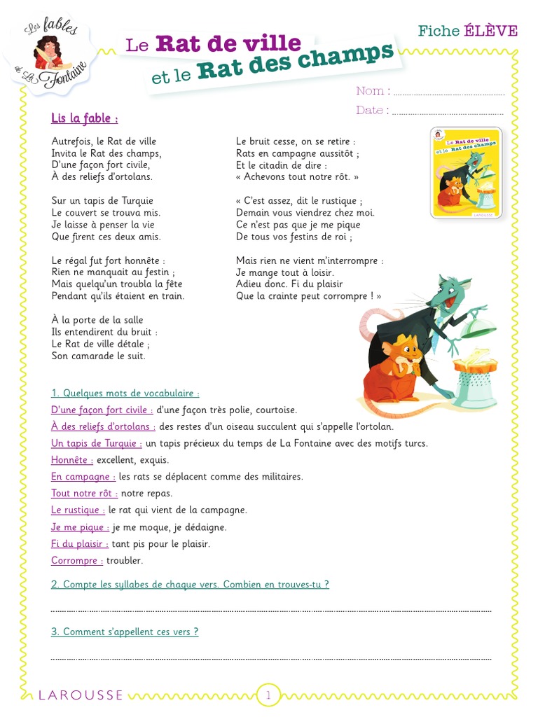Le Rat de Ville Et Le Rat Des Champs - Fiche Lšve | PDF