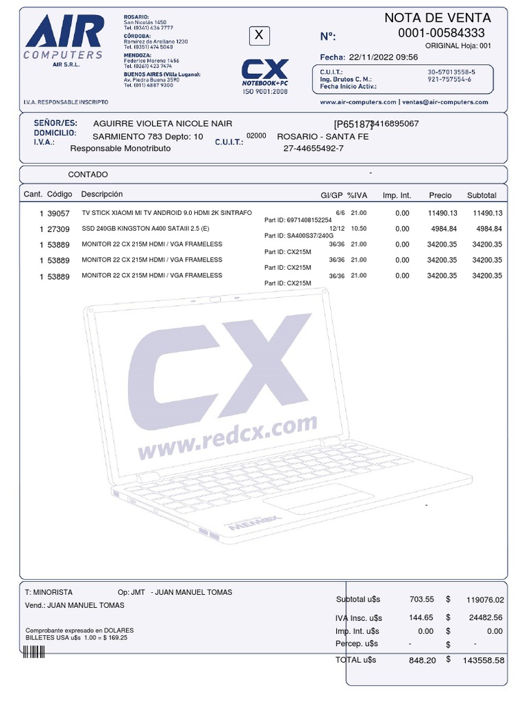 Sales Receipt for the Purchase of Multiple Computer Hardware Items ...