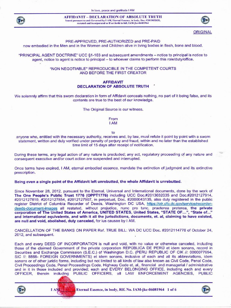 AFFIDAVIT - DECLARATION OF ABSOLUTE TRUTH JKC 06081964 | PDF