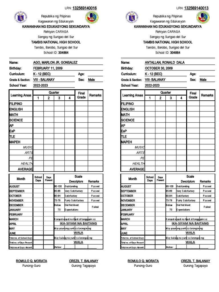 Student Progress Reports from Tambis National High School | PDF