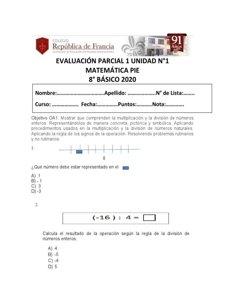 Evaluacion 1 Unidad 1 Matemática 8° PIE | PDF | Multiplicación | Entero