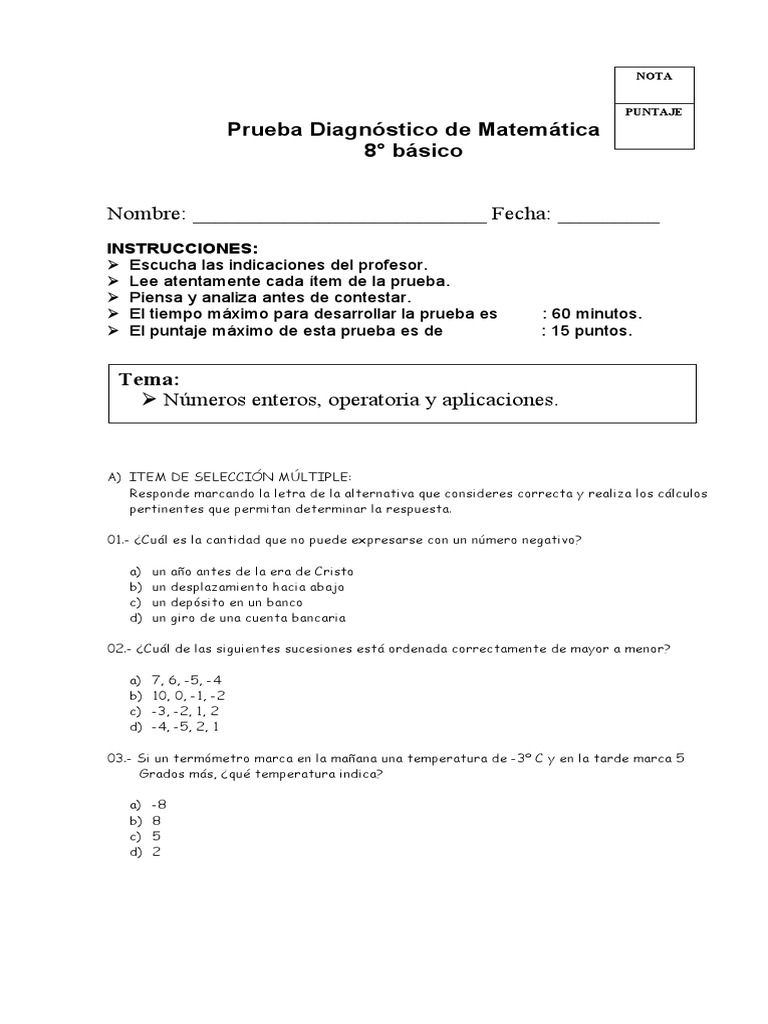 Prueba Diagnostico Matematica 8vo (Autoguardado) | PDF | Temperatura ...