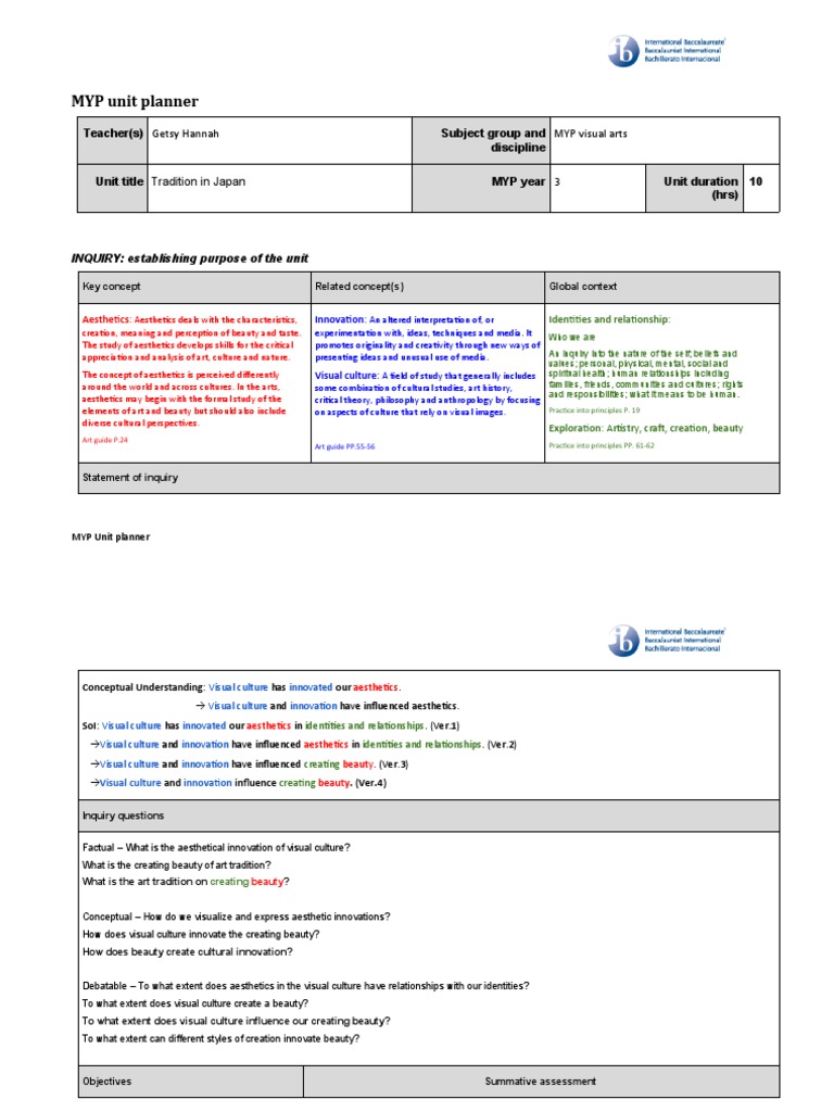 MYP 3 Unit Planner | Download Free PDF | Aesthetics | Cognition