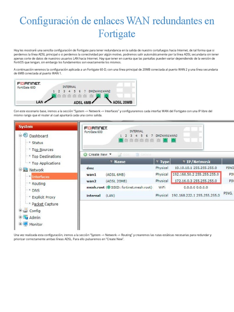 Configuración WAN Redundante Fortigate | PDF | Enrutador (Computación) | Red de área amplia