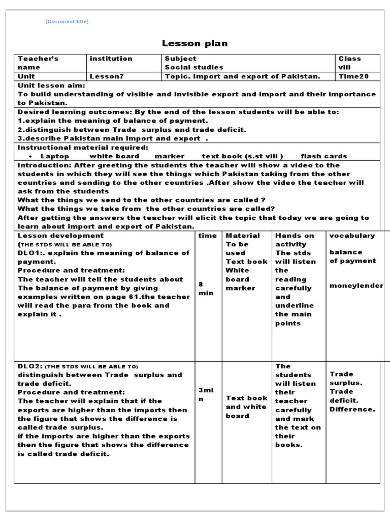 Lesson Plan sst2 | PDF | Balance Of Trade | Lesson Plan