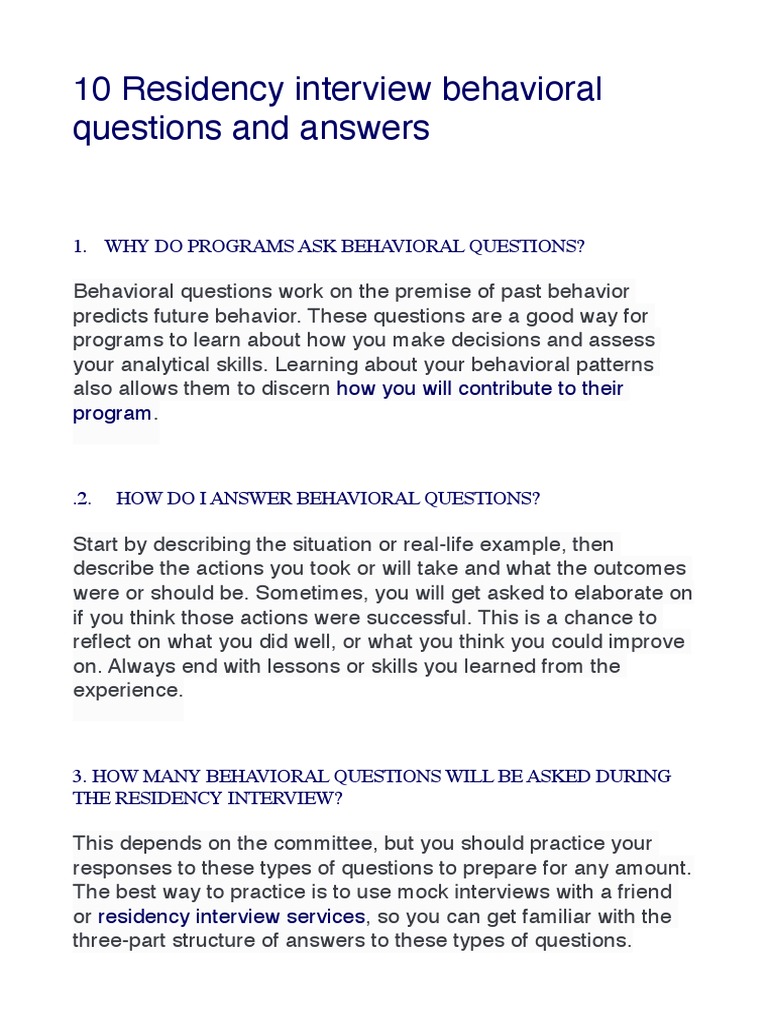 Behavioral Questions for Residency Interviews | PDF | Patient | Medical ...