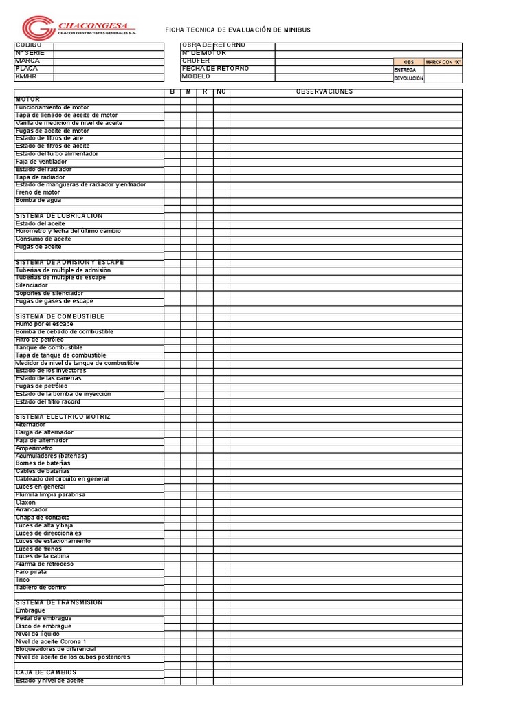Check List - Bus Minibus | PDF | Inyección de combustible | Bomba