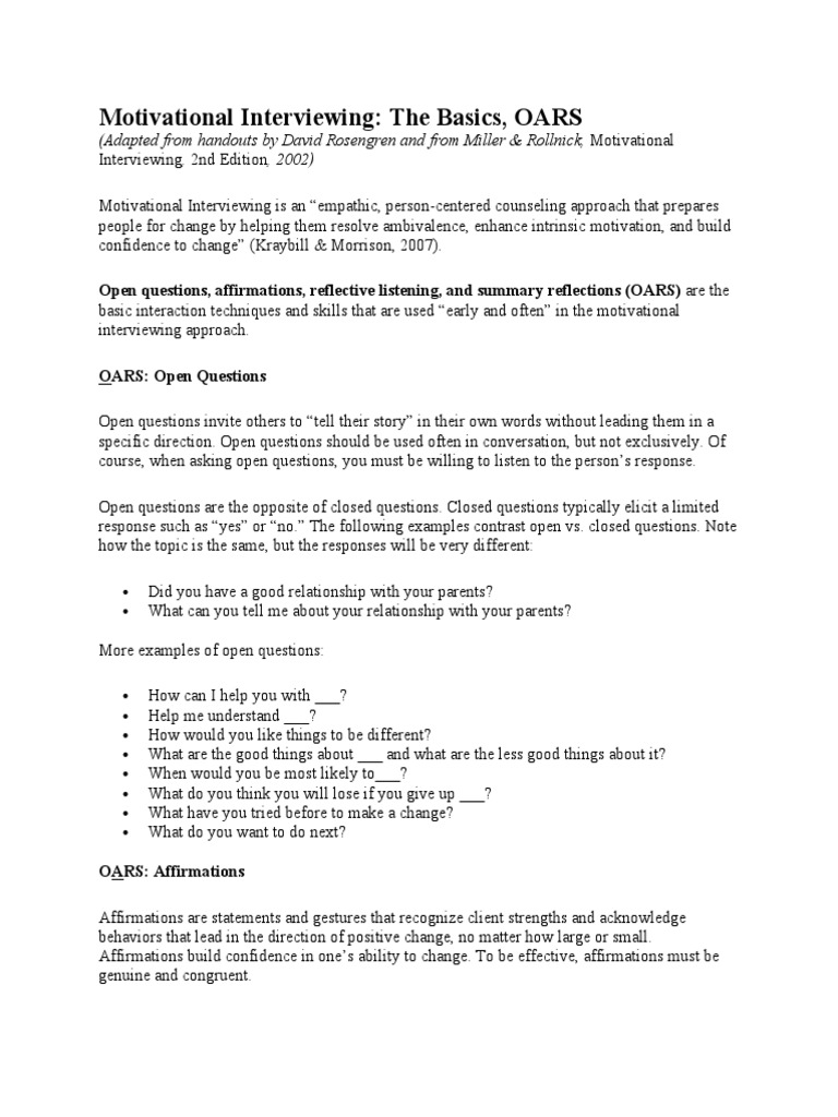 Motivational Interviewing The Basics Oars | PDF | Behavior Modification ...