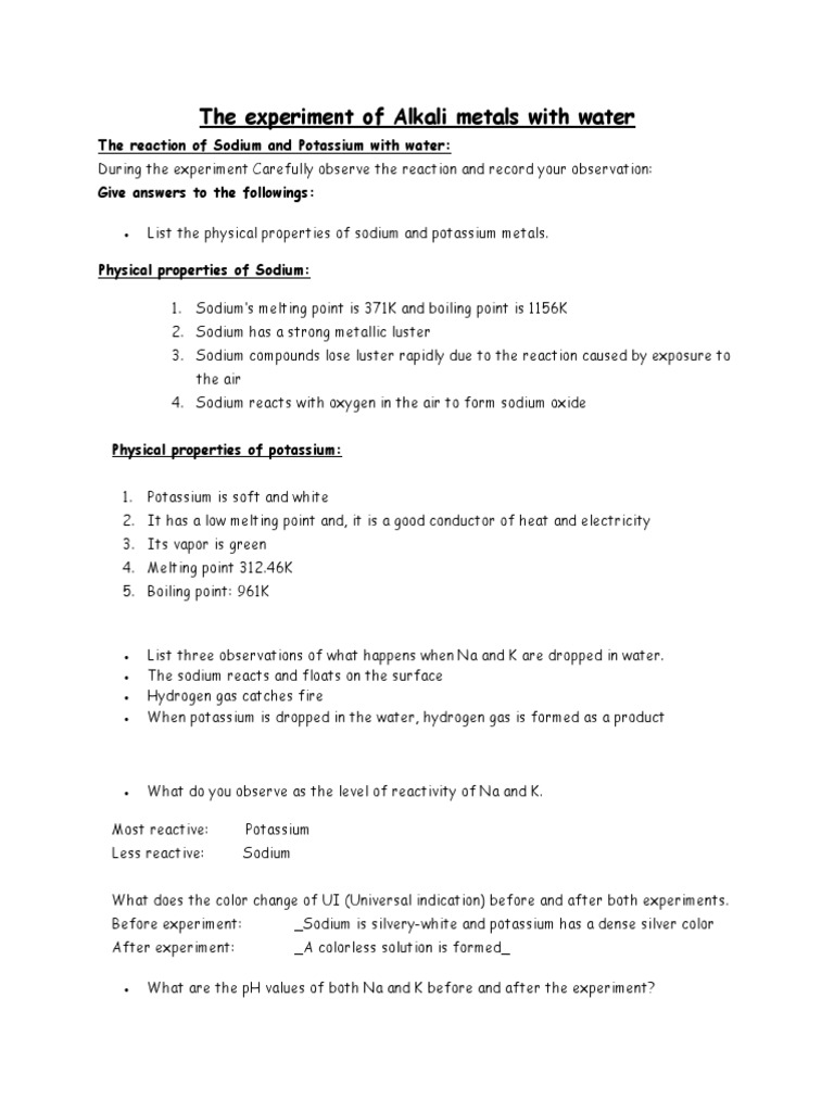 The Experiment of Alkali Metals With Water | PDF | Sodium Hydroxide ...