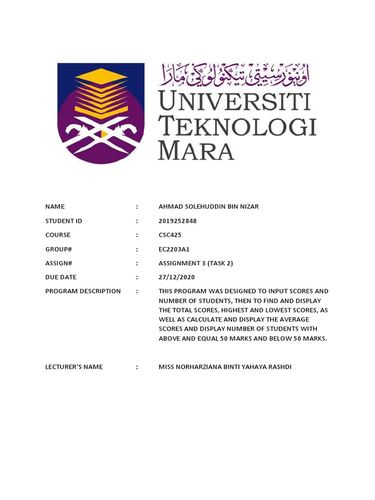 BELOM LAGI - Assignment 3 - Task 2 (Ahmad Solehuddin Bin Nizar - 2019252848) | PDF | Computer ...