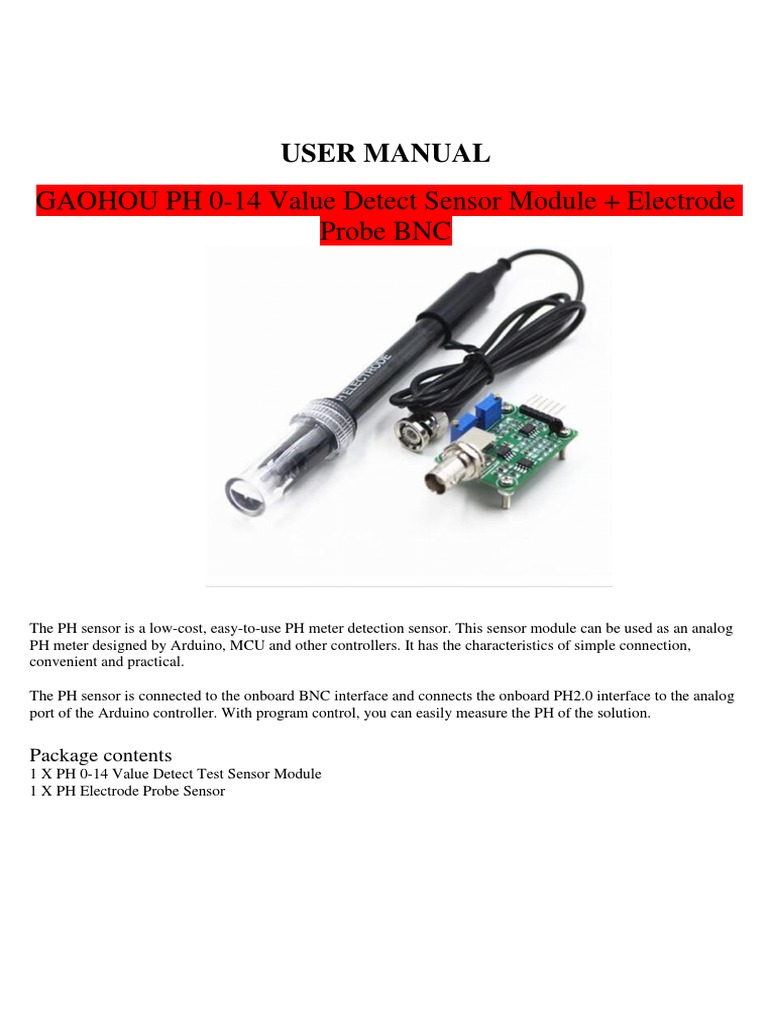 GAOHOU PH 0-14 Value Detect Sensor Module + Electrode Probe BNC | PDF | Ph | Sensor