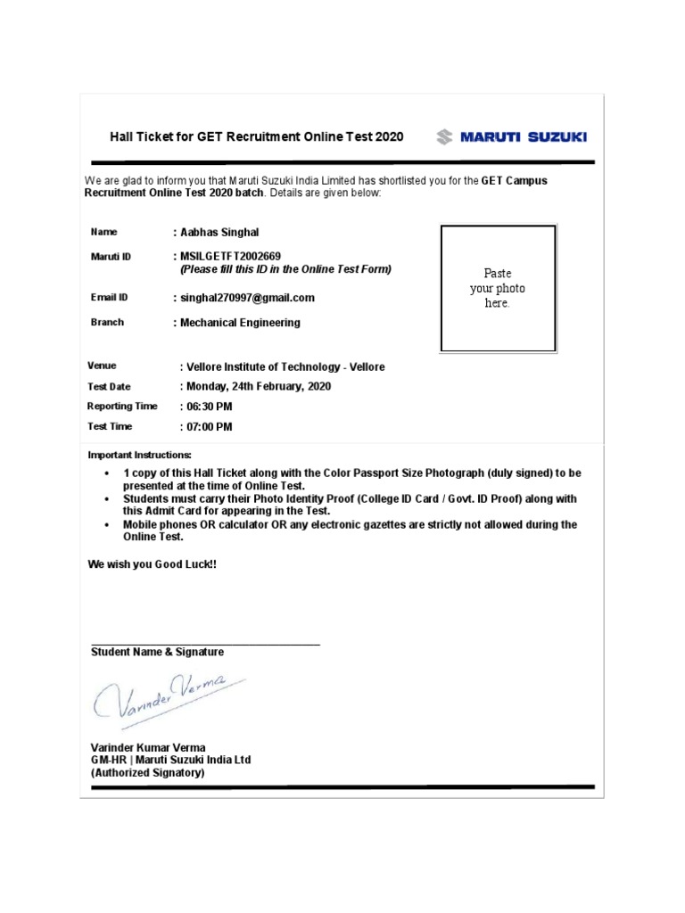 VIT Vellore - Admit Cards New | PDF | Identity Document | Signature