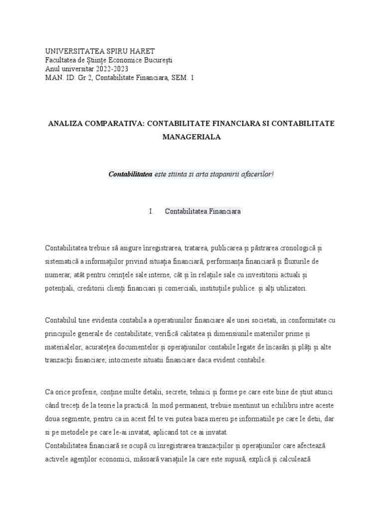 Analiza Comparativa Contabilitate Financiara Si Contabilitate Manageriala | PDF