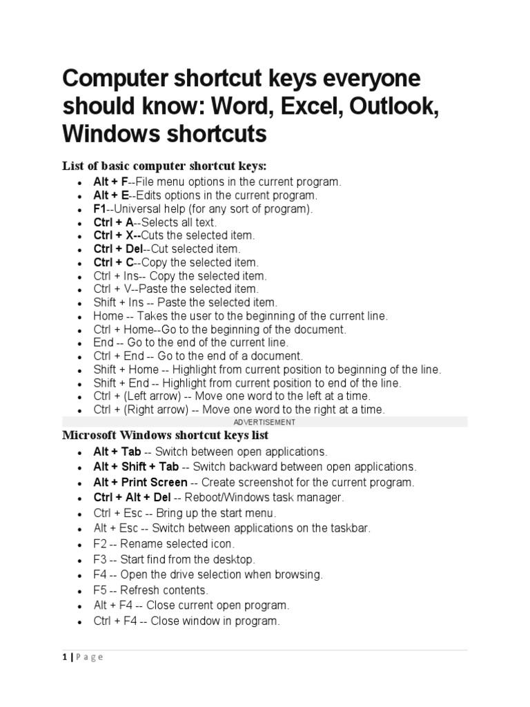 Computer Shortcut Keys | PDF