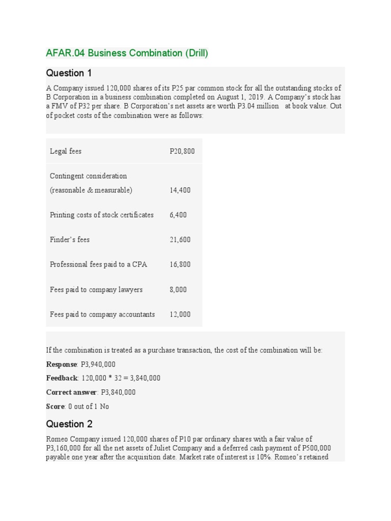 WEEK 5 AFAR.04 Business Combination Drill | PDF