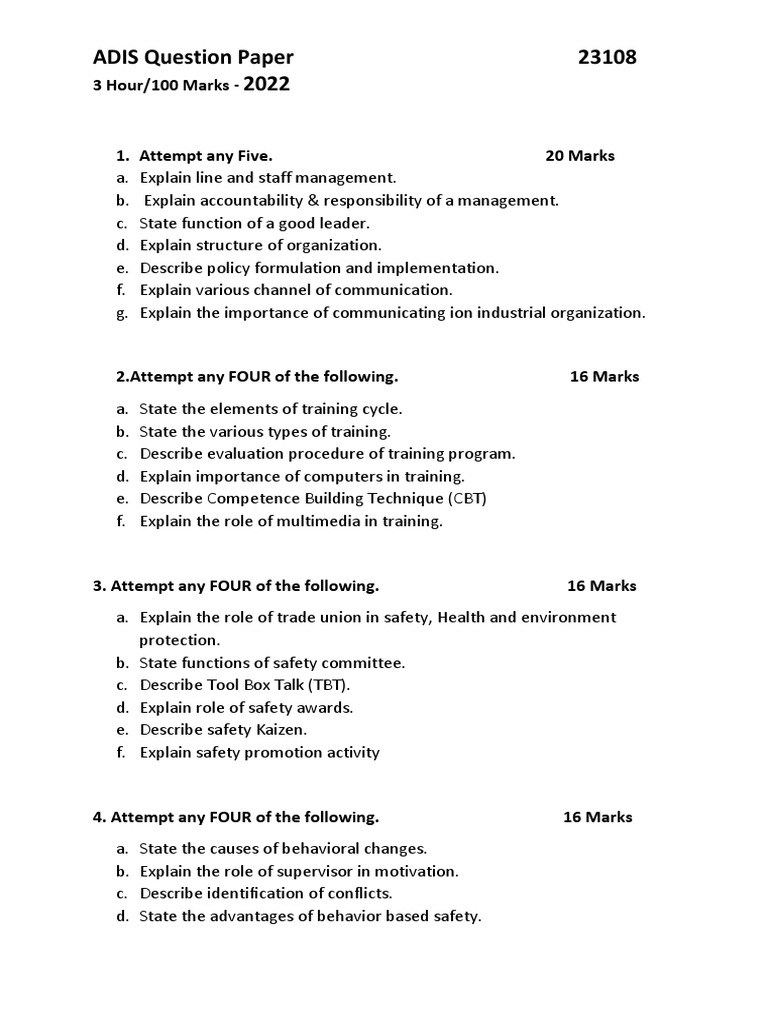 ADIS Question Paper - 2022 - 23108 - 01 | PDF | Information | Safety