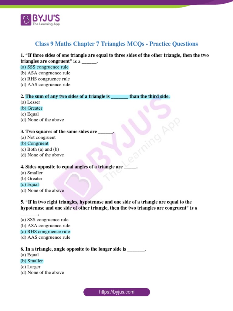 Class 9 Maths Chapter 7 Triangles MCQs | PDF