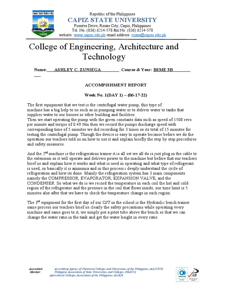 Accomplishment Report (Ojt) | PDF | Pump | Steam