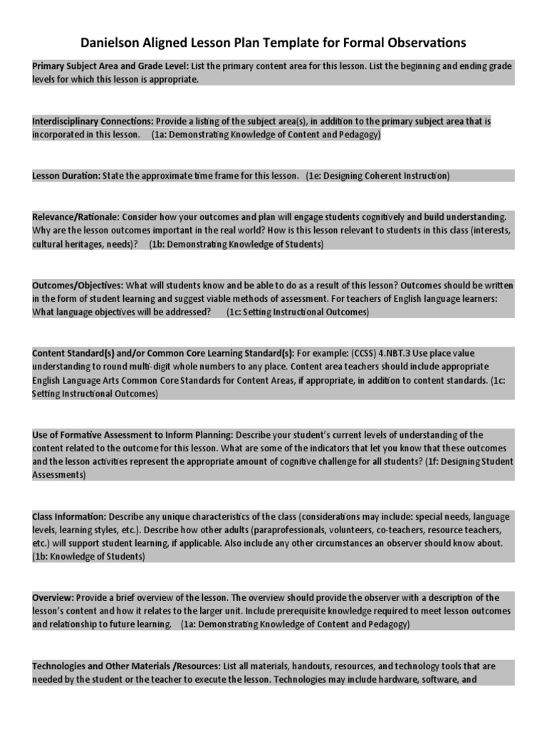 Danielson Aligned Lesson Plan Template For Formal Observations | PDF ... Danielson Aligned Lesson Plan Template For Formal Observations | PDF ...