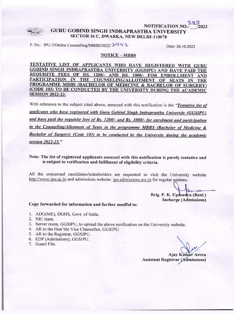 MBBS Tentative List of Applicants Registered With | PDF