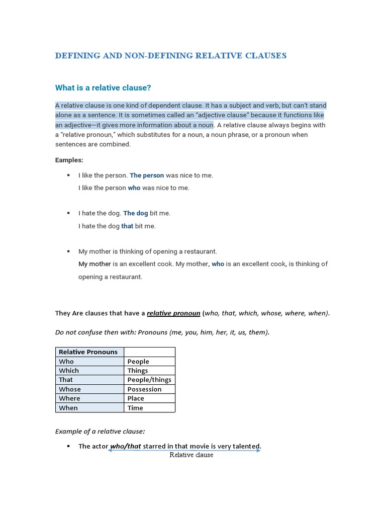 Defining and Non-Definig Relative Clauses, Unit 3A | PDF
