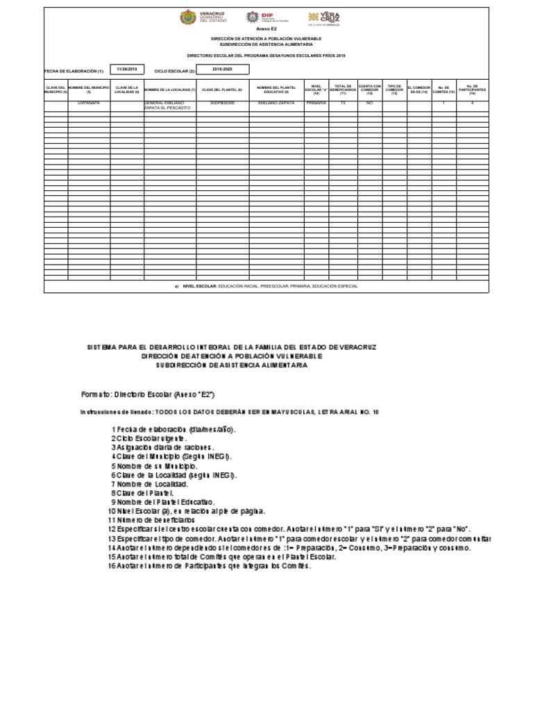 Anexo E2 Directorio Escolar Del Programa Desayunos Escolares Fríos 2019 ...