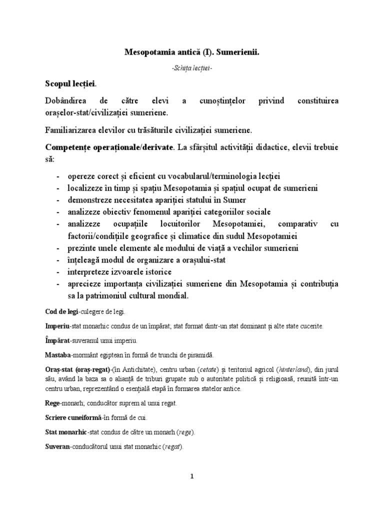 Mesopotamia Antica I. Sumerienii Schita V Densus 10 Noiembrie | PDF