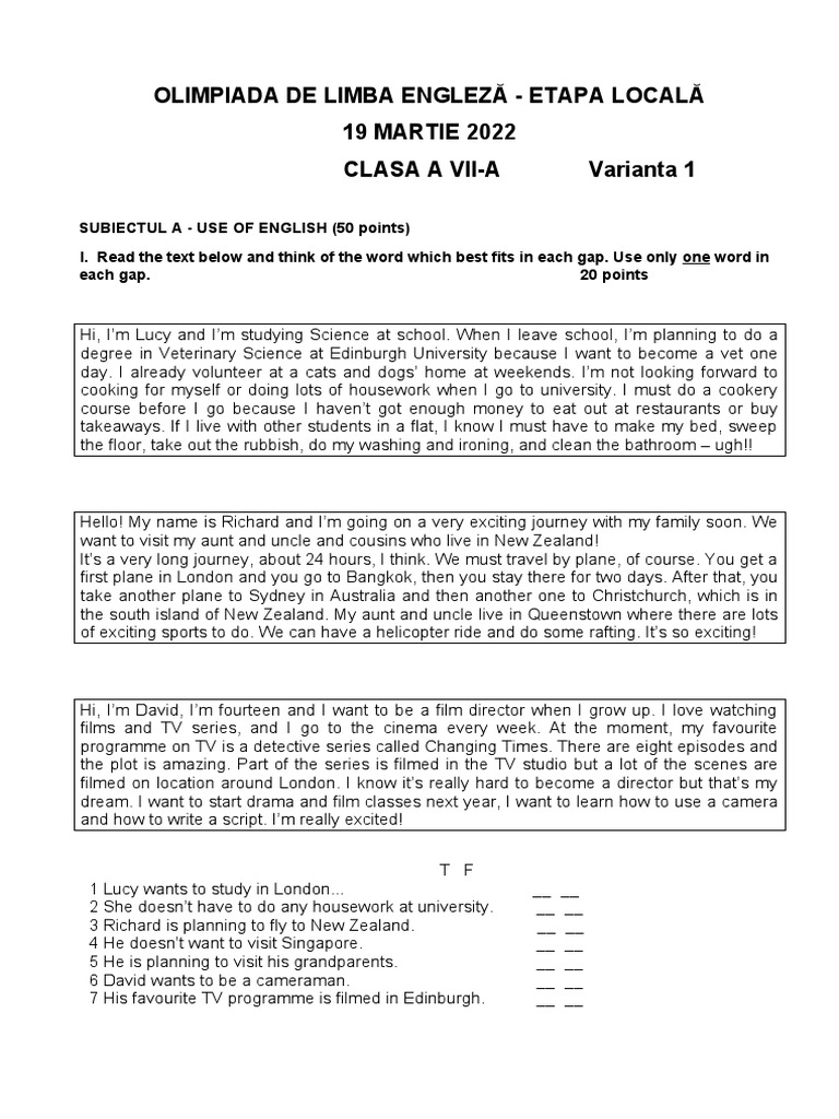 Subiecte Olimpiada Clasa A Vii A | PDF