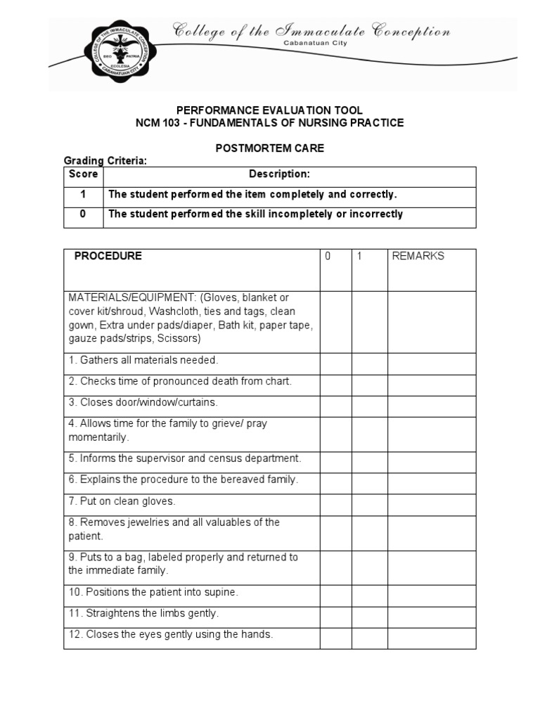 Post Mortem Care Checklist 1 | PDF