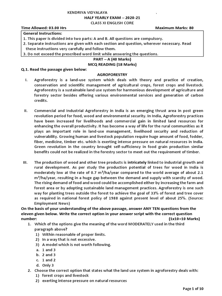 Xi English Core Half Yearly Question Paper Pdf