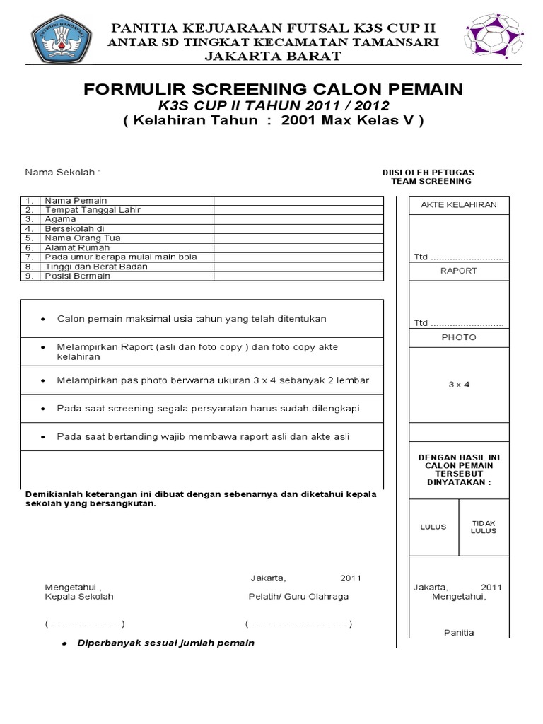 Formulir Screening Pemain Futsal K3S Cup II | PDF