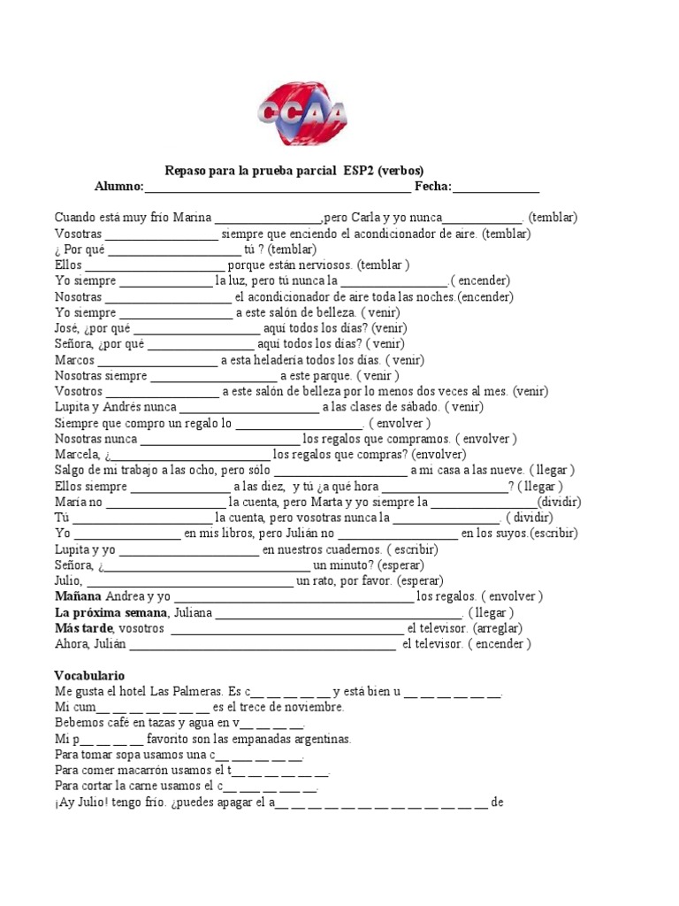 Repaso de Verbos y Vocabulario ESP2 | PDF