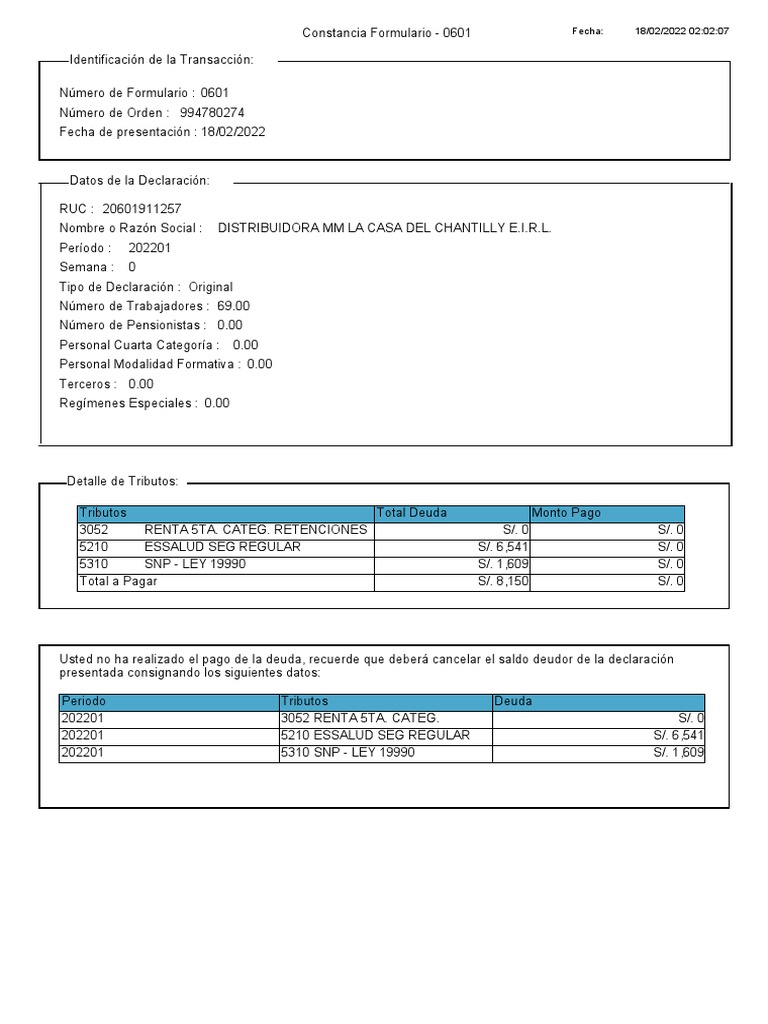 Constancia PDT 601 Distribuidora 01-2022 | PDF