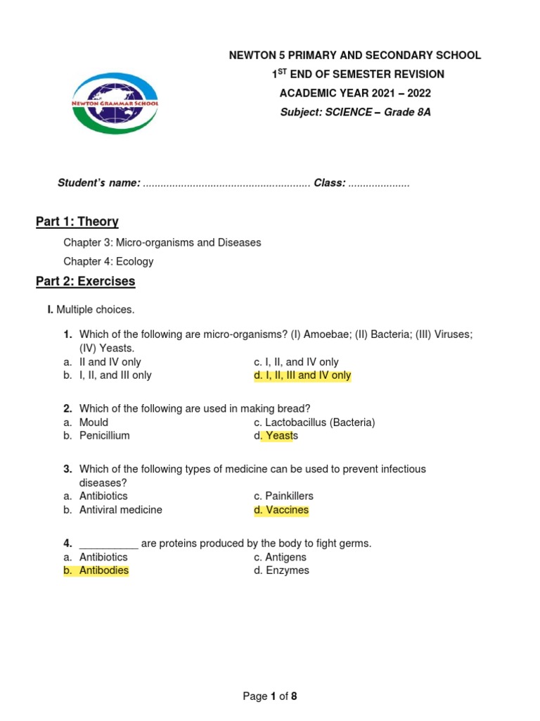 8a Revision Final Test 1ST Semester Answer Key | PDF | Microorganism ...