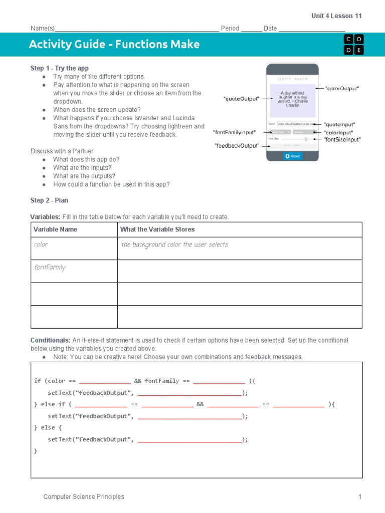 Unit 4 Lesson 11: Functions & Variables | PDF | Subroutine | Systems ...