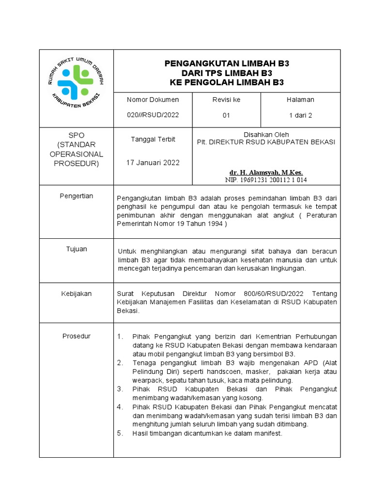 Sop T Pengangkutan Limbah B3 Dari TPS Limbah B3 Ke Pengolah Limbahb3 | PDF