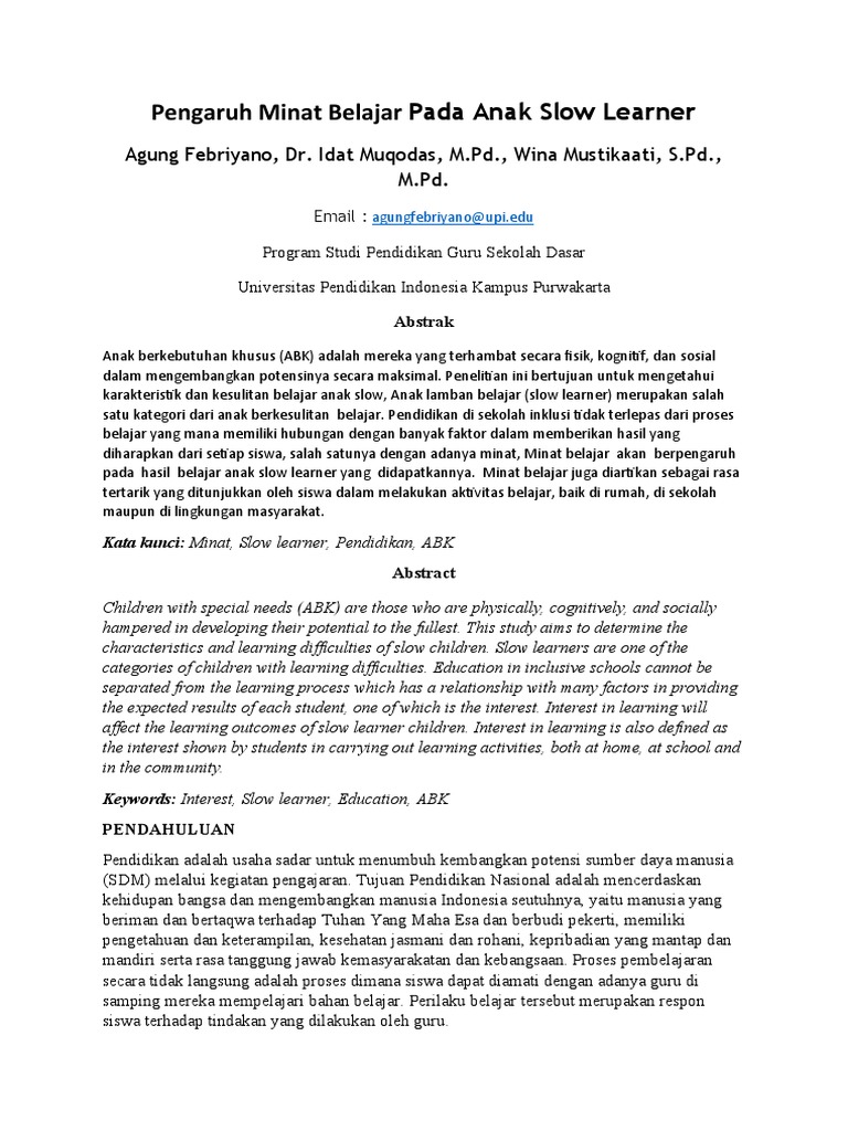 Pengaruh Minat Belajar Pada Anak Slow Learner | PDF | Karier & Perkembangan | Kesehatan Holistik
