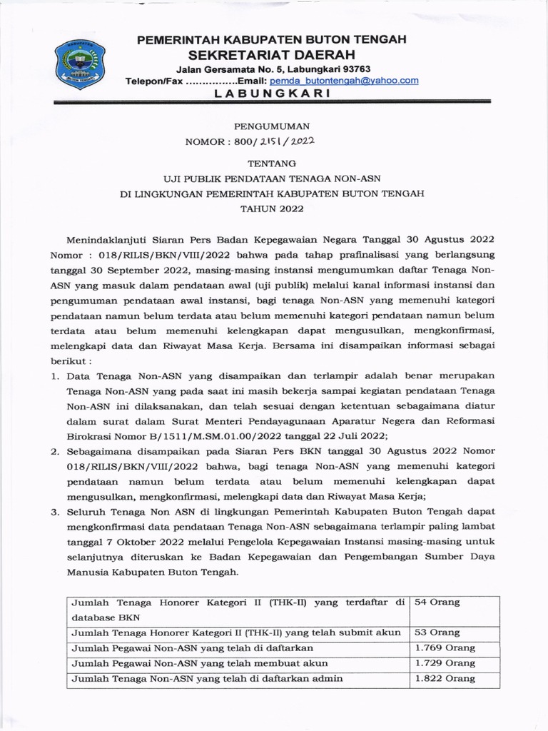 Pengumuman Prafinalisasi Pendataan Non Asn Kab. Buton Tengah | PDF