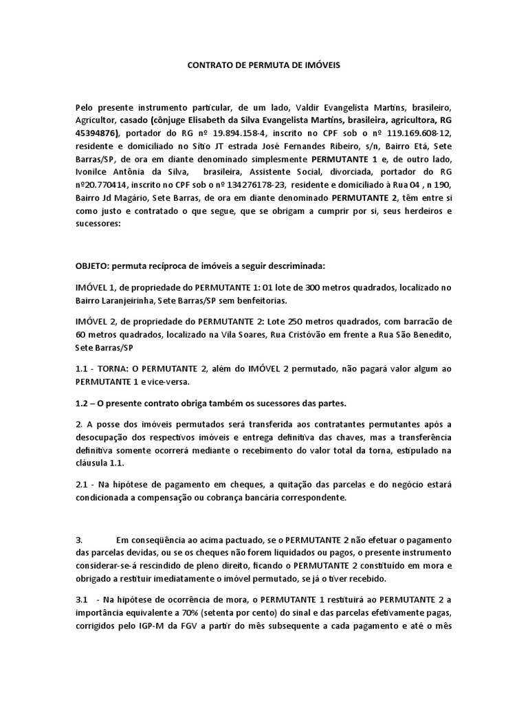 Contrato de Permuta de Imóveis | PDF | Cheque (banco) | Lei e economia