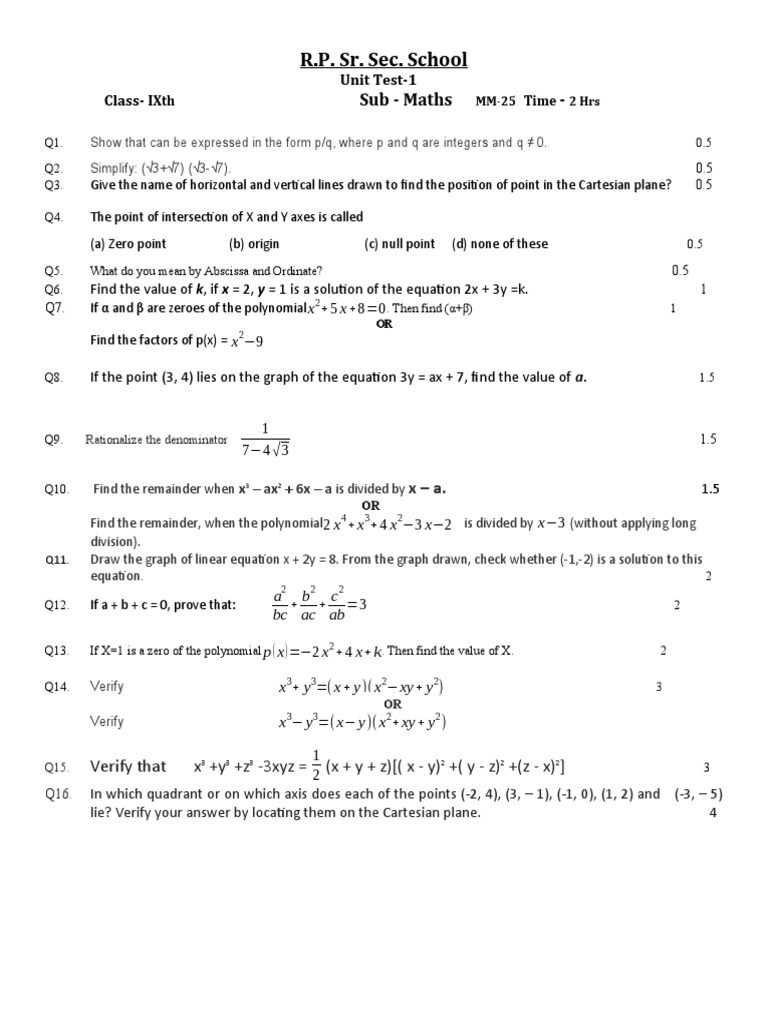 9th Class UT - 1 Maths Paper | PDF