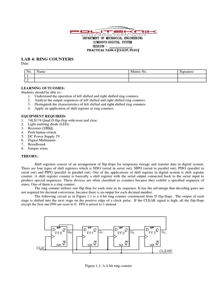 Lab4 Djm30073-Ring Counters | PDF | Manufactured Goods | Computer Engineering