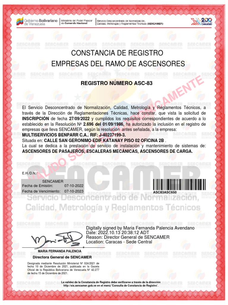 Certificado Sencamer BENPARR 2022-2023 | PDF
