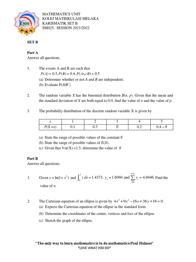 Karismatik Soalan SET B - SM025 Sesi 2021 - 2022 | PDF