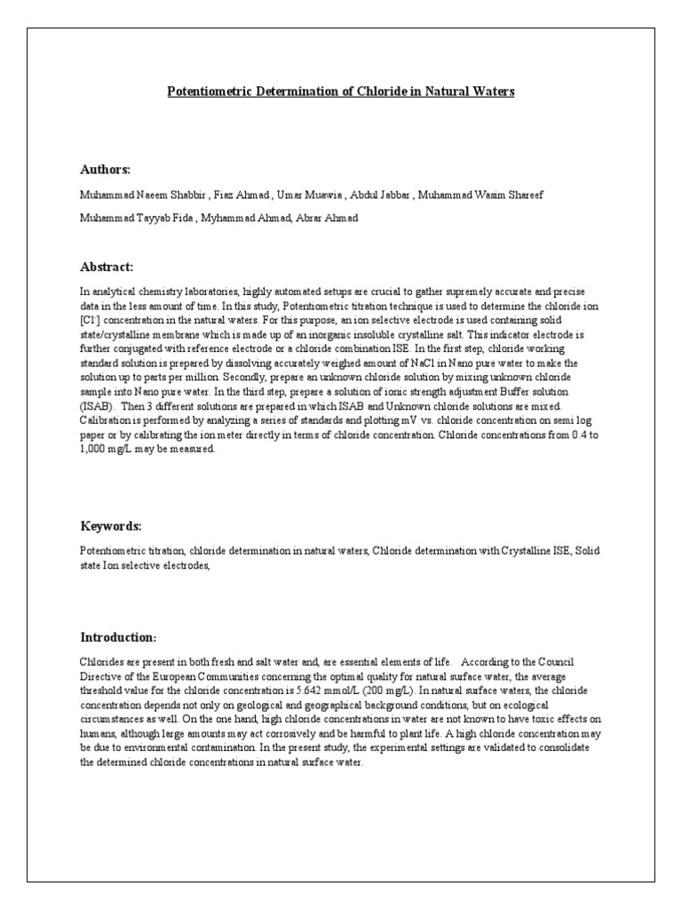 Potentiometric Determination of Chloride in Natural Waters | PDF | Ph ...