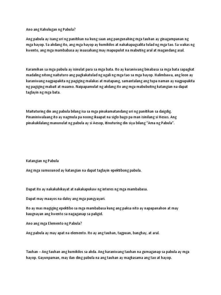 Ano Ang Kahulugan NG Pabula | PDF