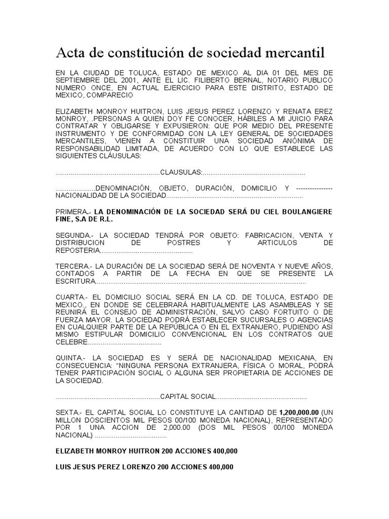 Acta de Constitución de Sociedad Mercantil | PDF | Sociedad de responsabilidad limitada | Dividendo