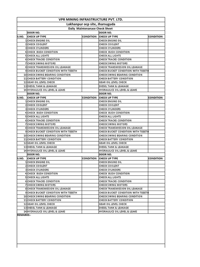 VPR Mining excavator maintenance check sheet | PDF | Engines | Diesel ...