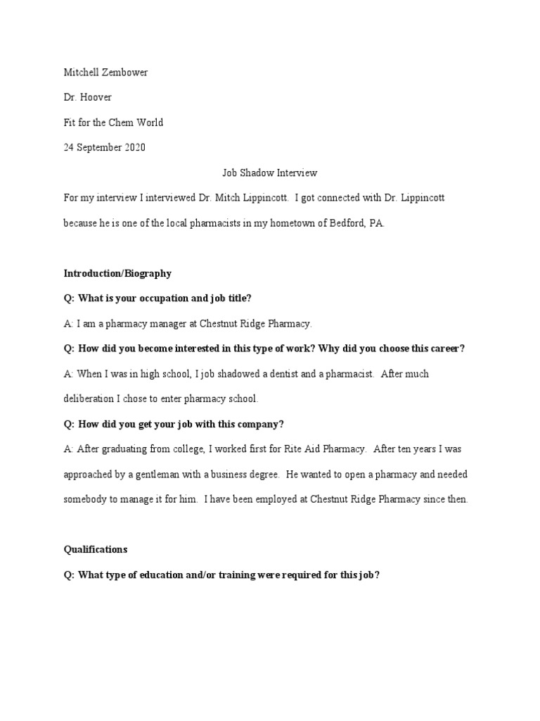 Job Shadow Interview Questions | PDF | Pharmacy | Medical Prescription