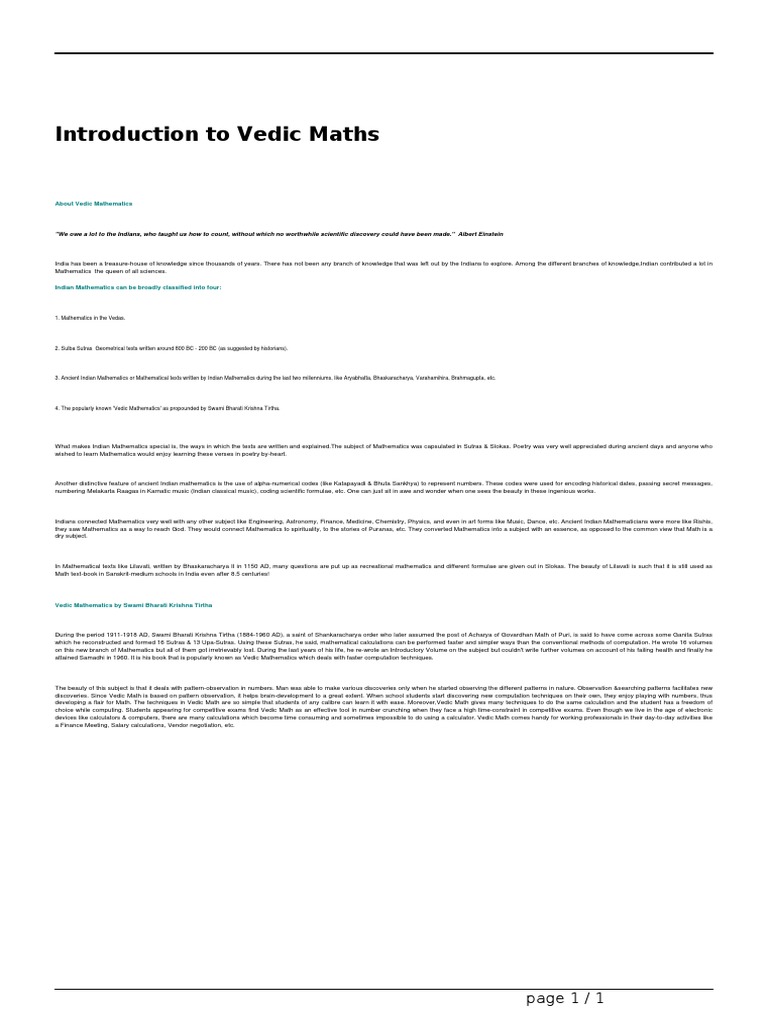 Introduction To Vedic Maths | PDF | Mathematics | Vedas