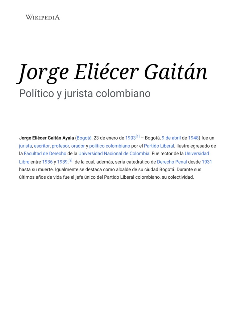 Jorge Eliécer Gaitán - Wikipedia, La Enciclopedia Libre | PDF | Colombia